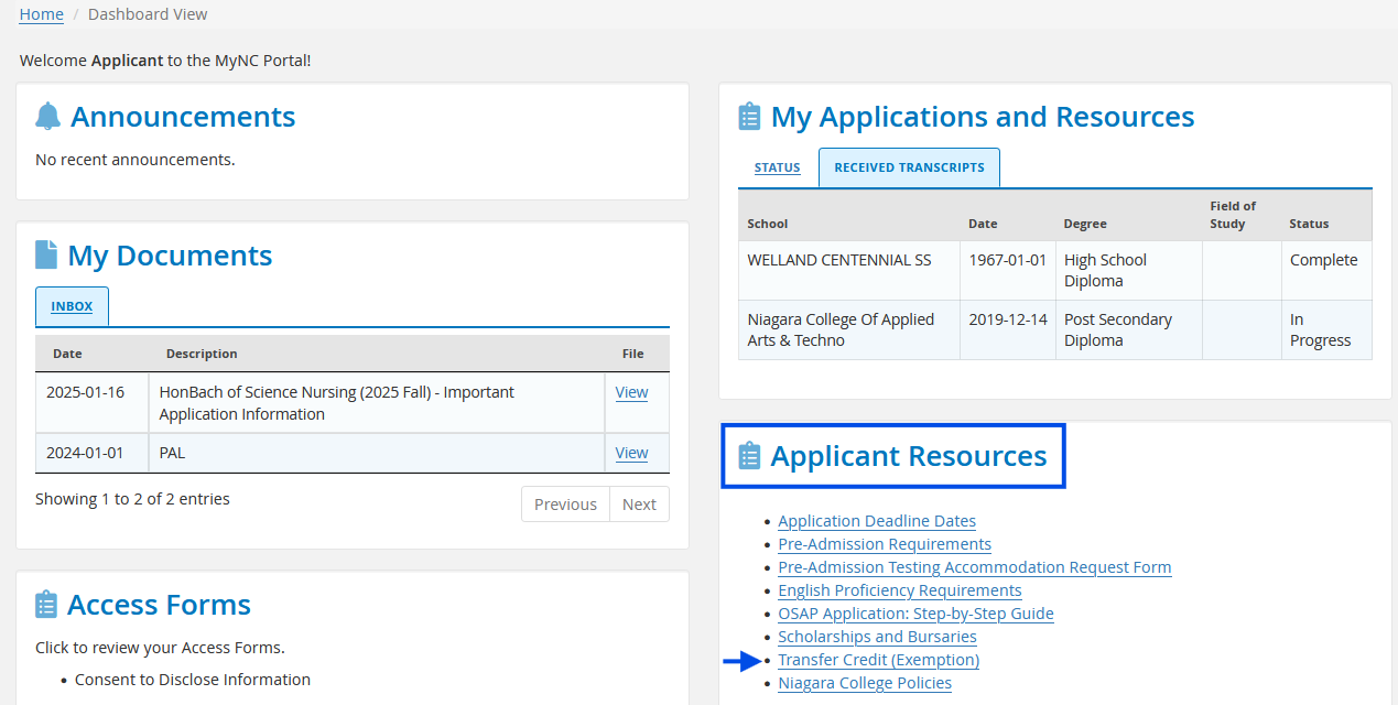 How-to: Applicants - View Eligible Transfer Credits | MyNC | Niagara ...